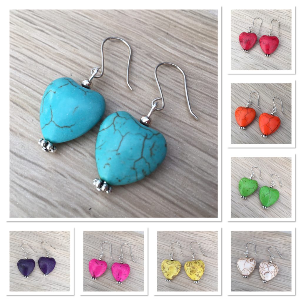 Howlite heart earrings, 16mm faux gemstones, sterling silver wires ...