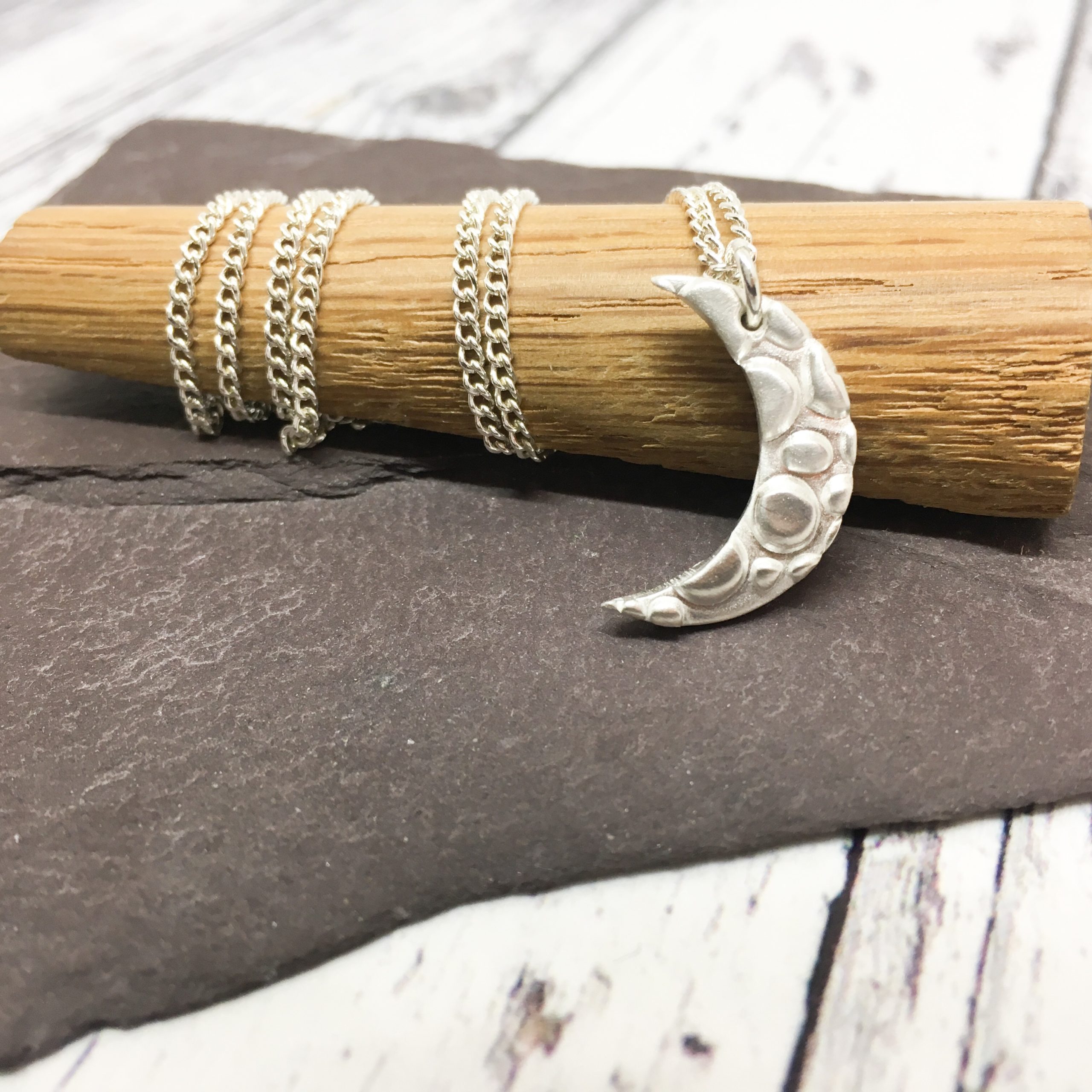 Fine silver crescent moon pendant, moon necklace, textured sterling ...